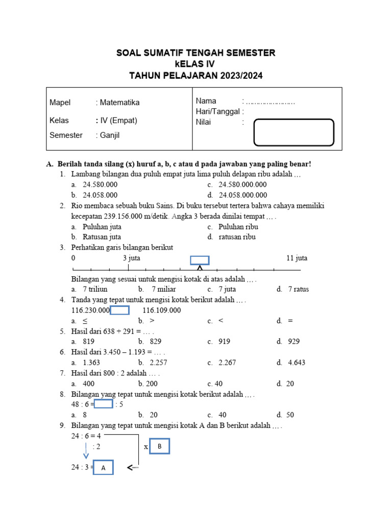 Soal Matematika Kelas IV Semester Ganjil | PDF