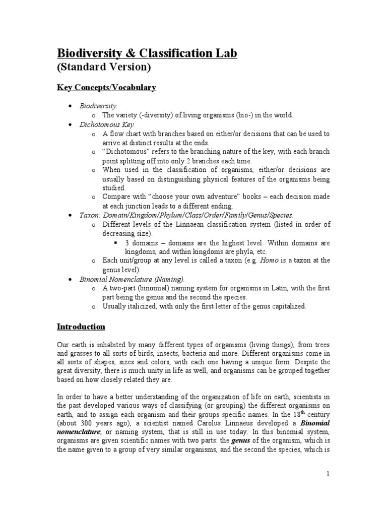Biodiversity Classification Lab Guide | PDF | Genus | Taxonomy (Biology)