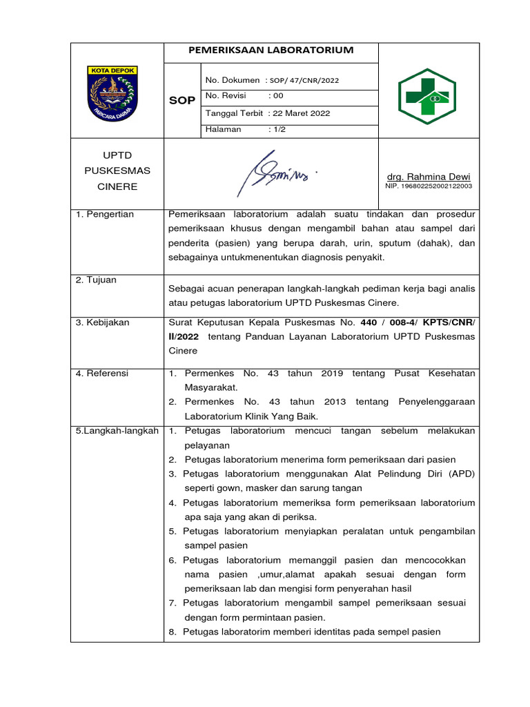 Sop Pemeriksaan Laboratorium | PDF