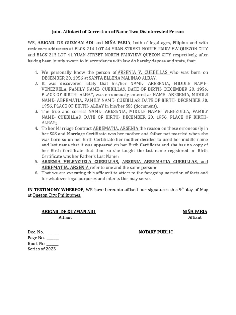 Joint Affidavit of Correction of Name Two Disinterested Person | PDF Joint Affidavit of Correction of Name Two Disinterested Person | PDF