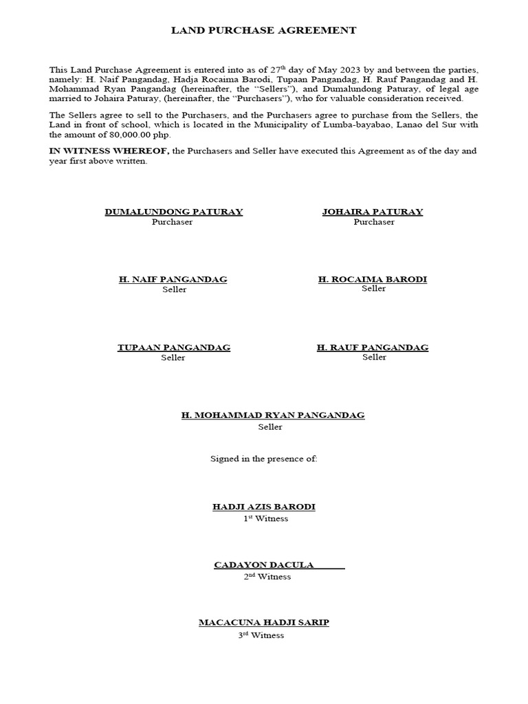 Land Purchase Agreement in Lanao del Sur | PDF