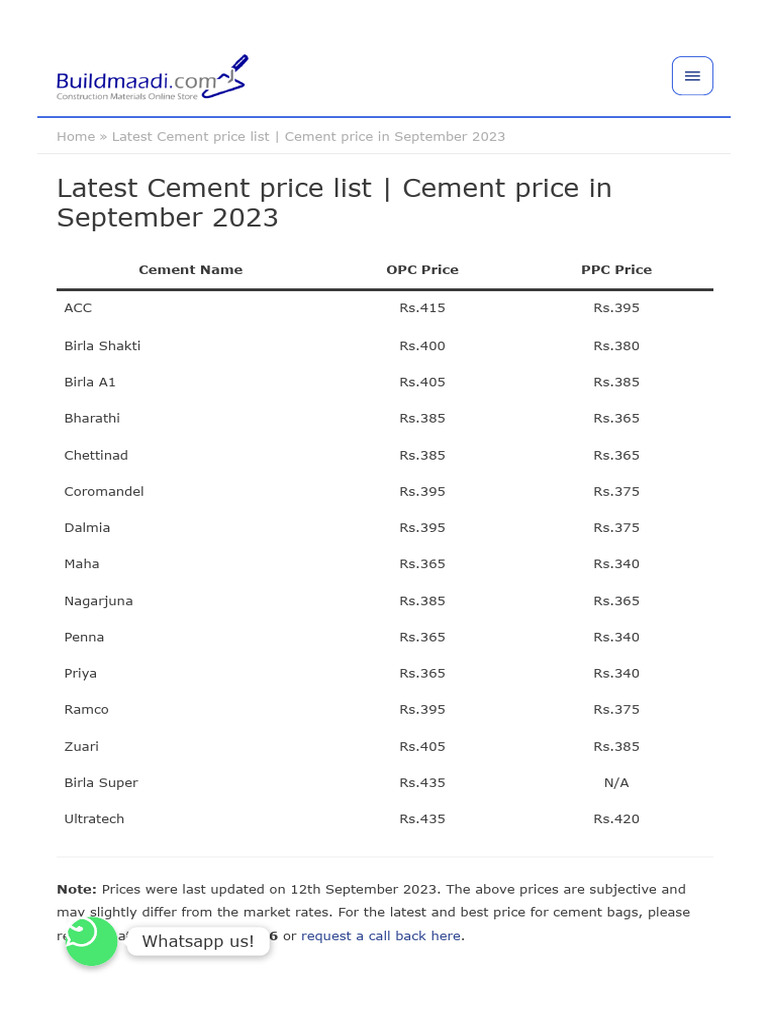 Cement Price List - September 2023 | PDF