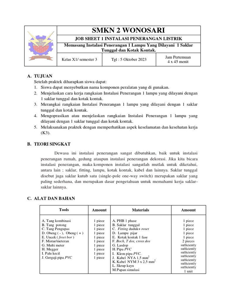 Job Sheet 1 - IPL - Rangkaian Kotak Kontak Dan Saklar Tunggal 1 Lampu | PDF