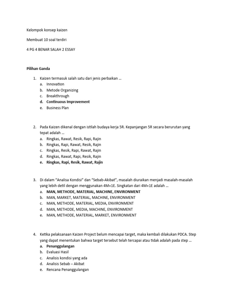 Soal Kaizen dan 4M+1E dalam Perusahaan | PDF