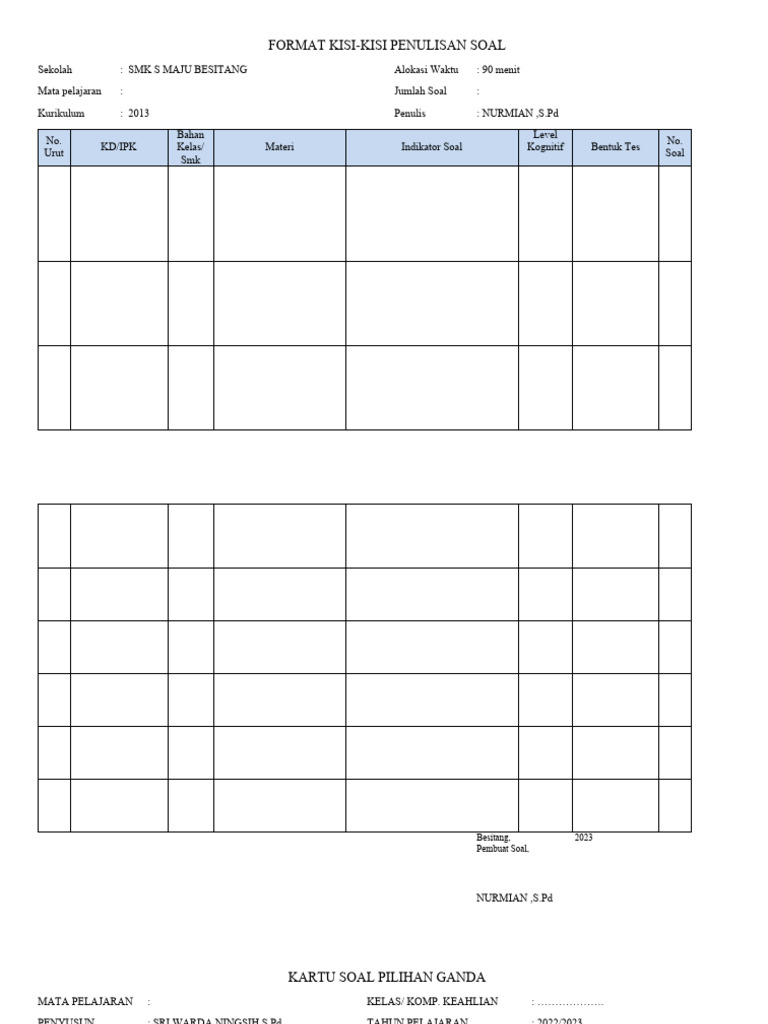 KISI-KISI DAN KARTU SOAL SMK | PDF