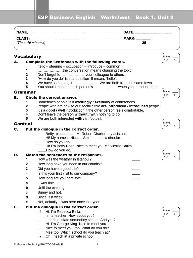 ESP Business English - Worksheet - Book 1, Unit 2 | PDF | Linguistics ...