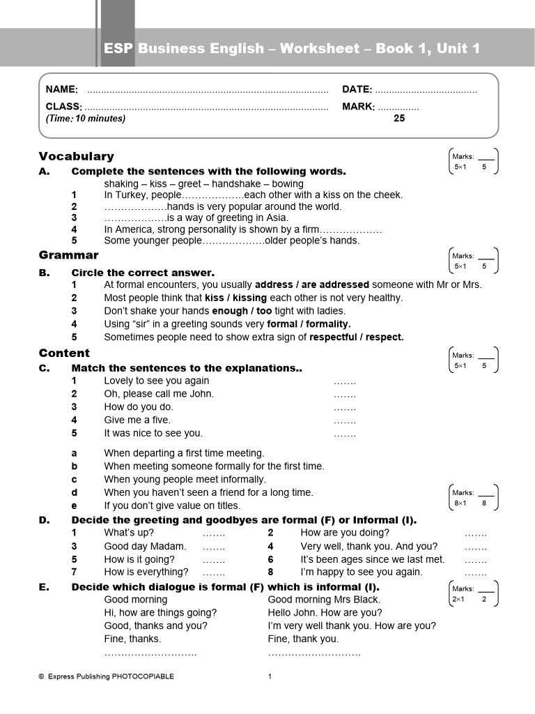 ESP Business English - Worksheet - Book 1, Unit 1 | PDF | Cultural ...
