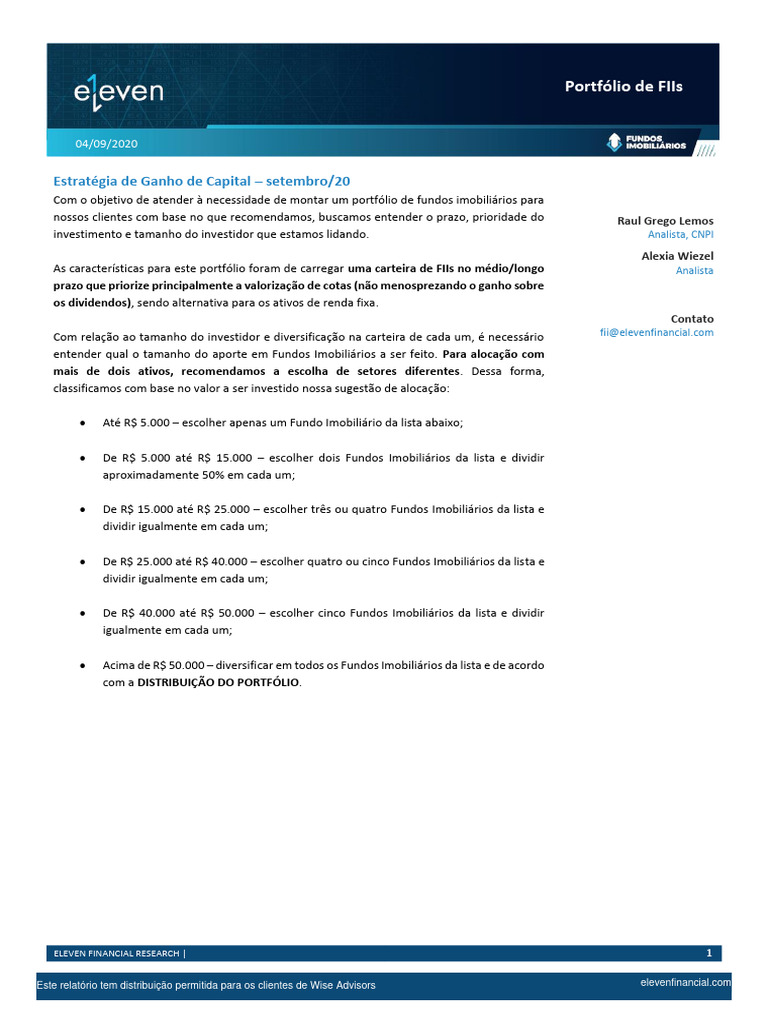 Eleven Financial Research - Portfolio Ganho de Capital 0920 | PDF | Investimentos | Economias