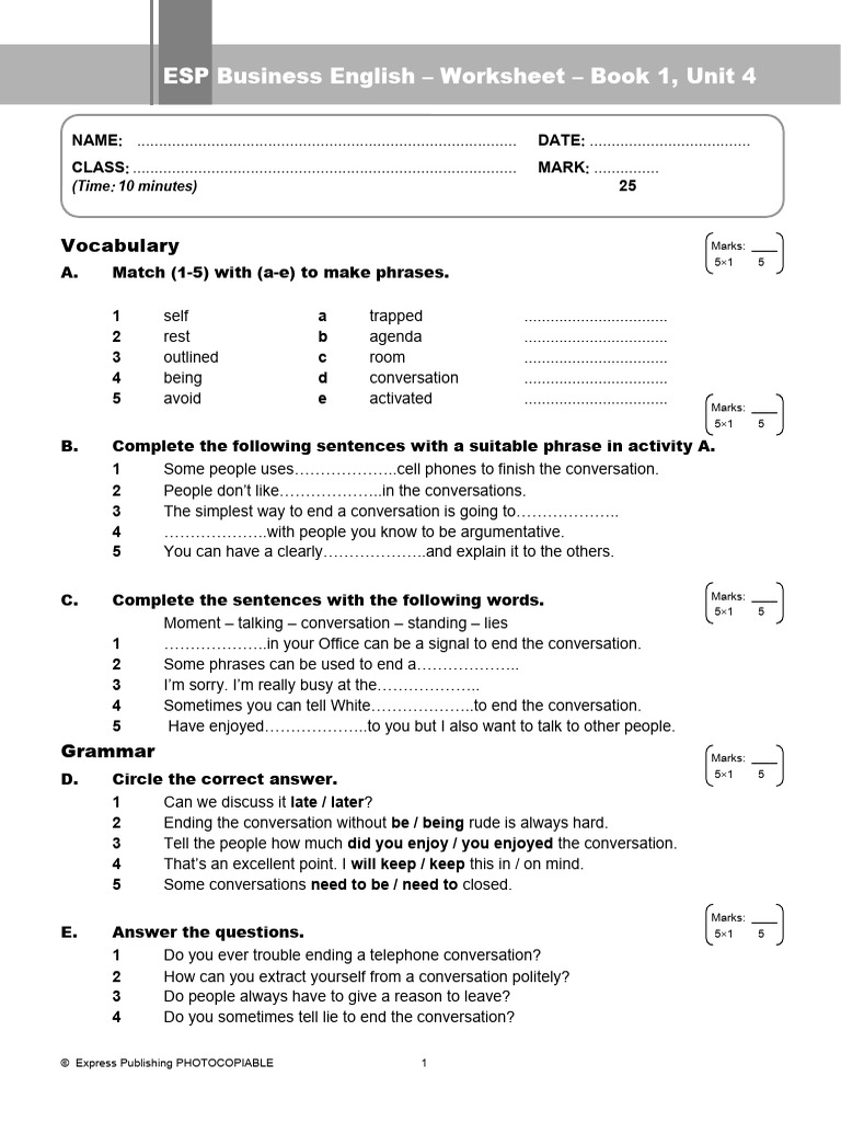 ESP Business English - Worksheet - Book 1, Unit 4 | PDF | Conversation ...