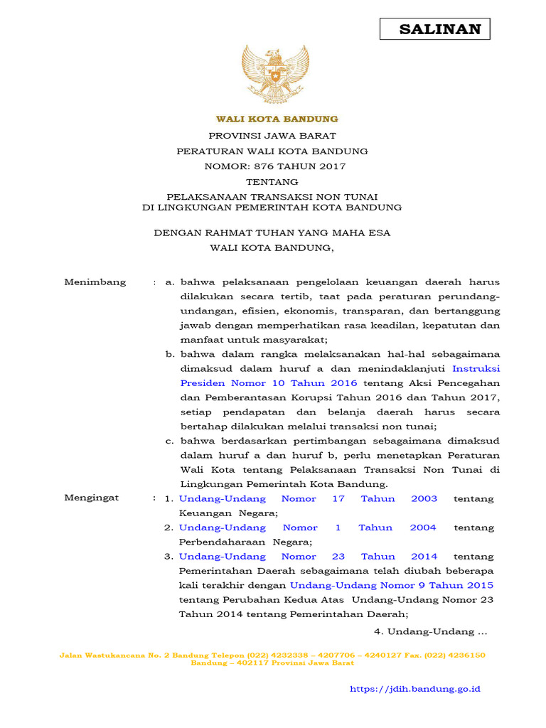 Perwal Kota Bandung No 876 Tahun 2017 Tentang Pelaksanaan Transaksi Non ...