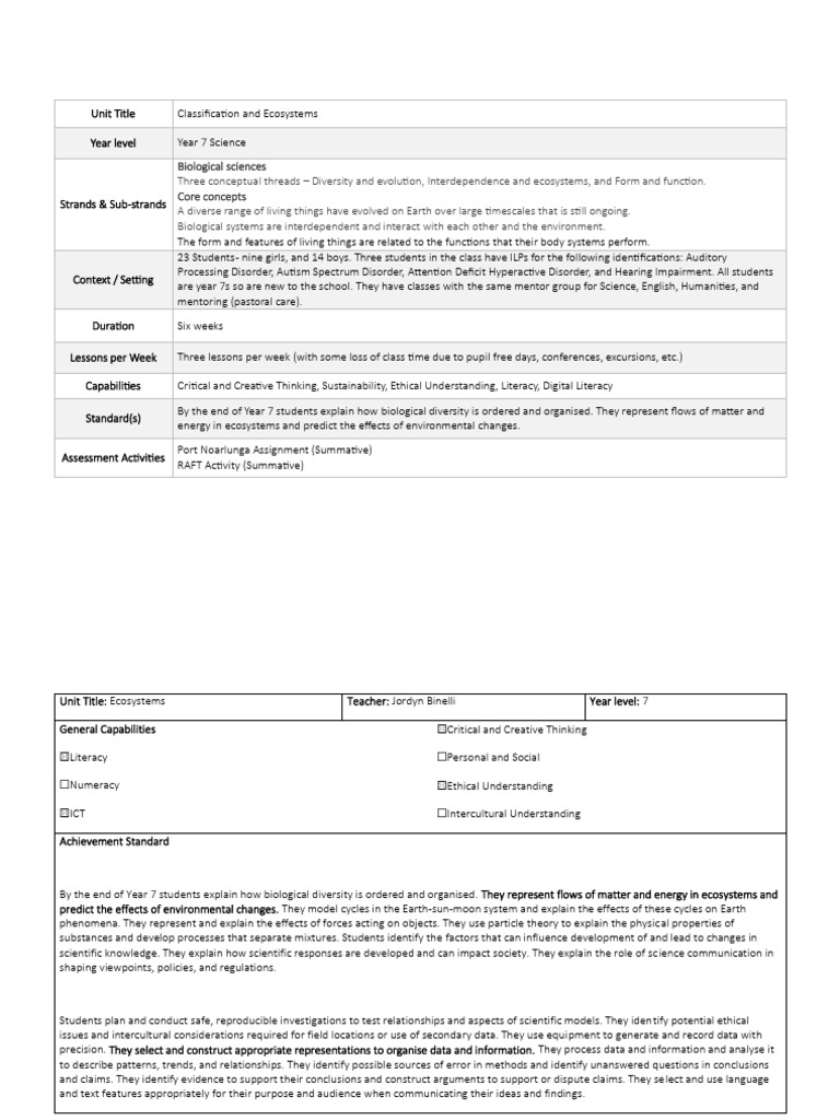 Unit Plan Y7 Science | PDF | Science | Food Web