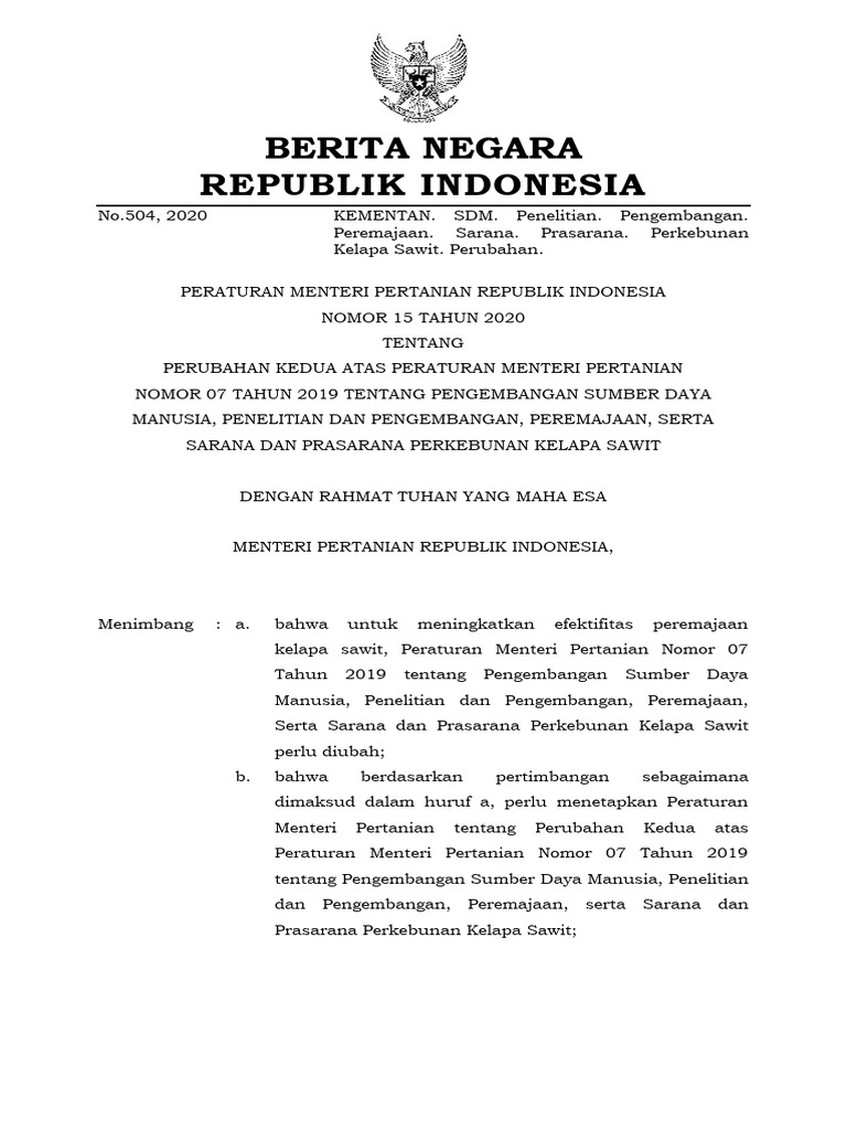 Permentan No 15 Tahun 2020 Tentang PSR | PDF