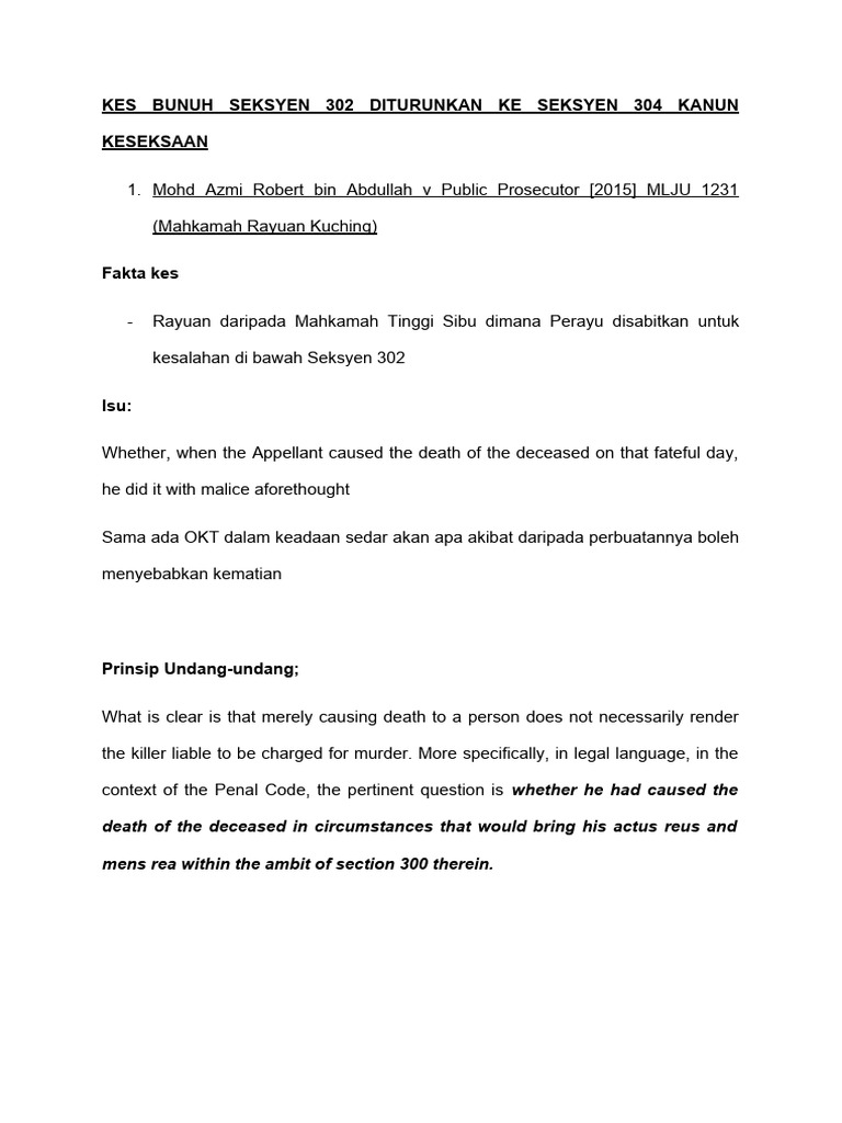 Kes Bunuh Seksyen 302 Diturunkan Ke Seksyen 304 Kanun Keseksaan | PDF