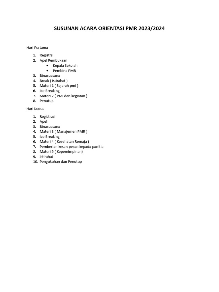 Susunan Acara Orientasi PMR 2023 | PDF