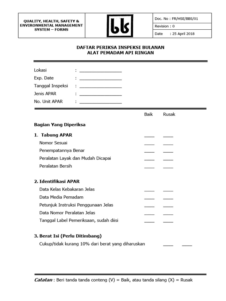 Form Inspeksi APAR (BBS) | PDF