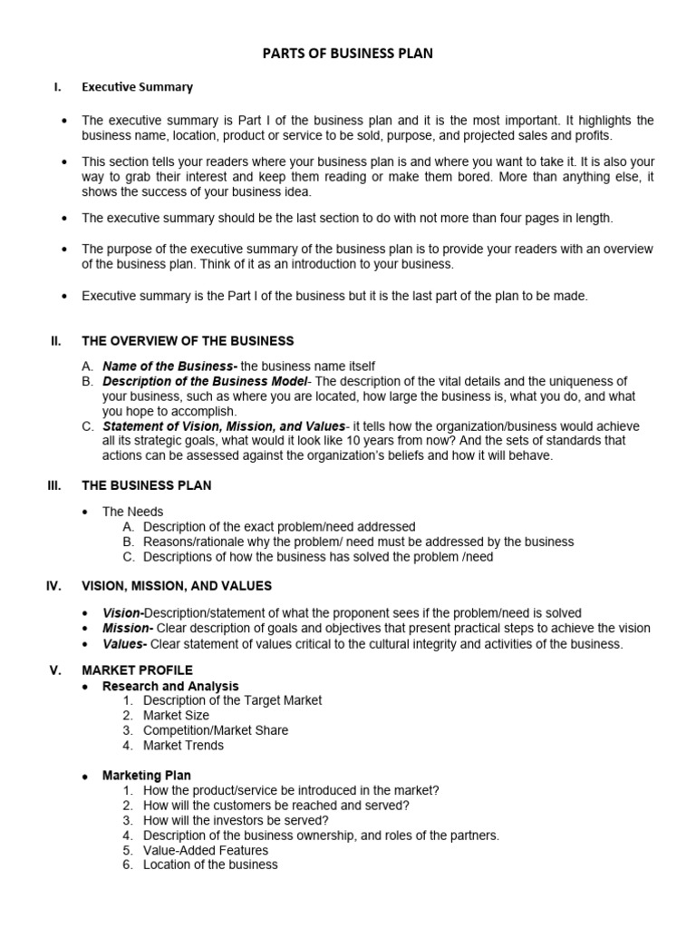 pARTS OF BUSINESS PLAN | PDF | Business | Finance & Money Management