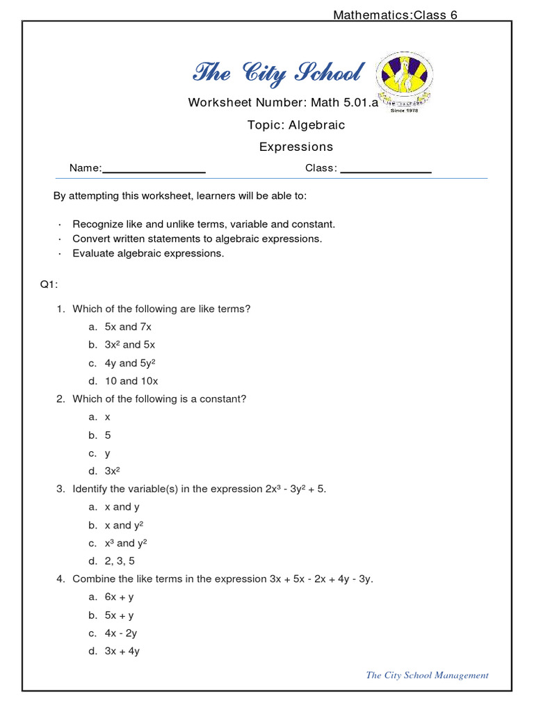 Class 6 Worksheet 5.01.a | PDF