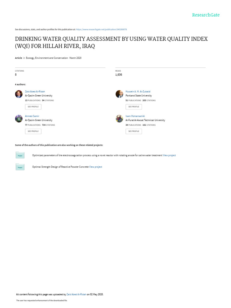 Drinking Water Quality Assessment by Using Water Quality Index Wqi For Hillah River Iraq | PDF