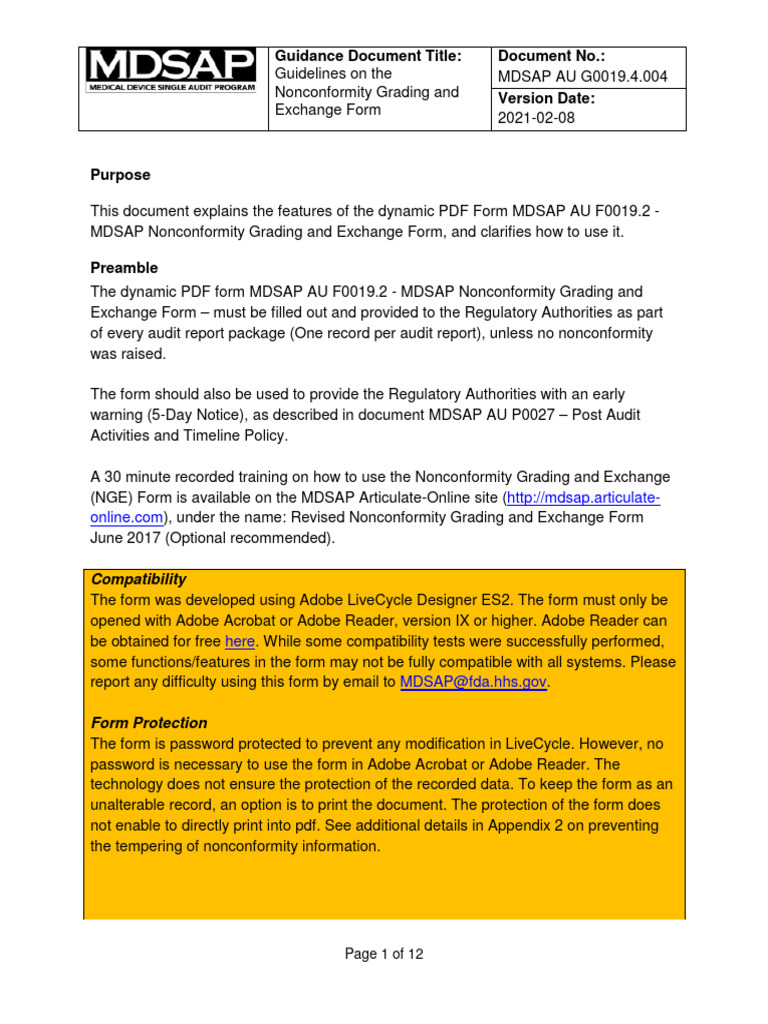 MDSAP AU G0019.4.004NC GradingExchangeFormGuidelines | PDF | Business | Computers