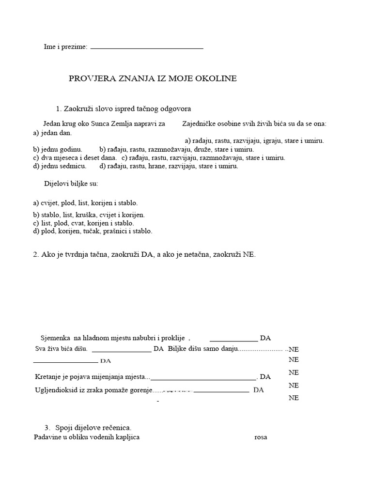 Moja Okolina Priprema Za Provjeru | PDF