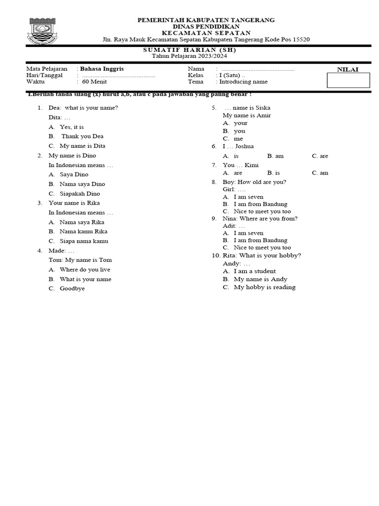Soal Kls 1 Introducing Name | PDF