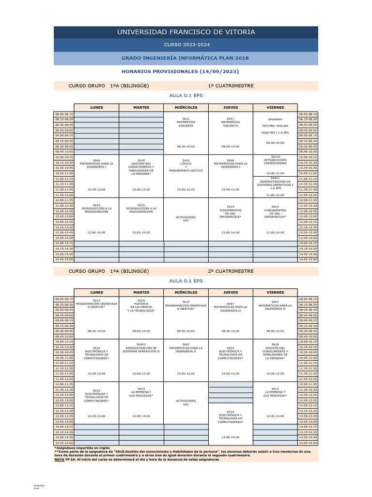Horario Ingenieria Informatica | PDF | Ingeniería | Informática