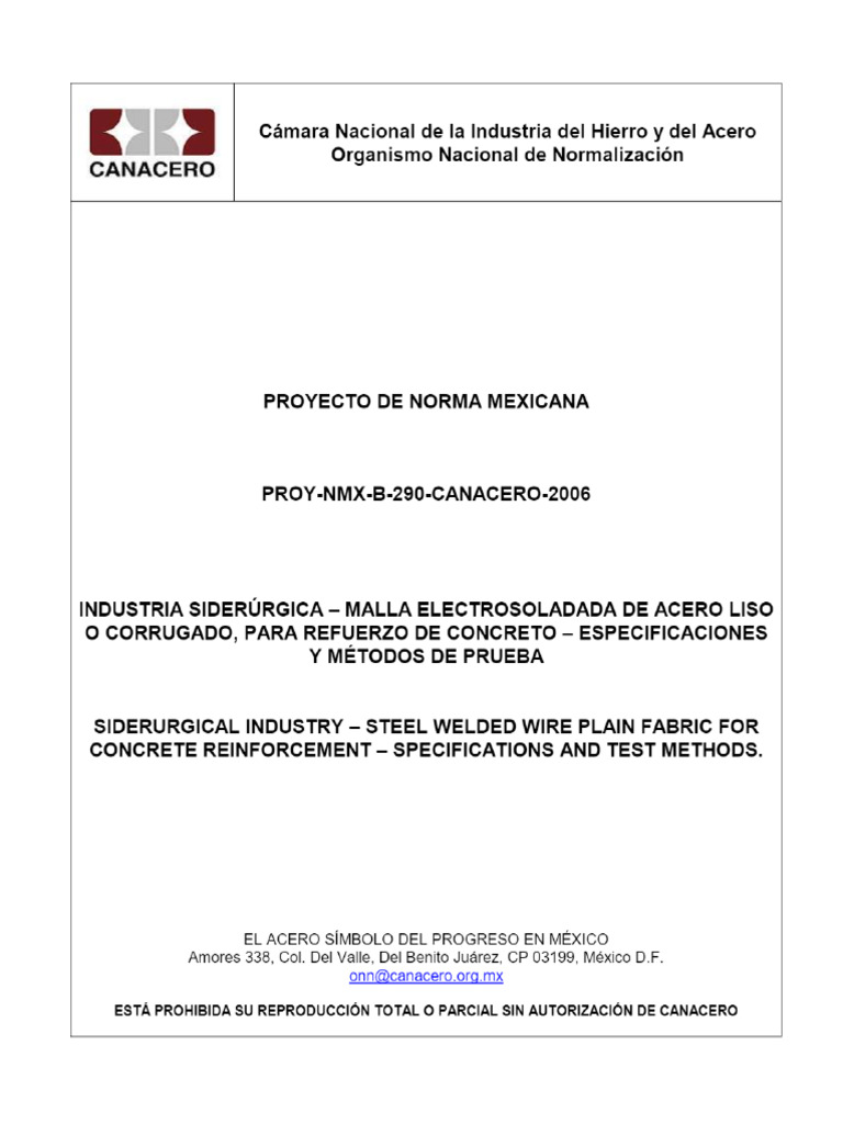 NMX-B-290-CANACERO-2006 Malla Electrosoldada | PDF