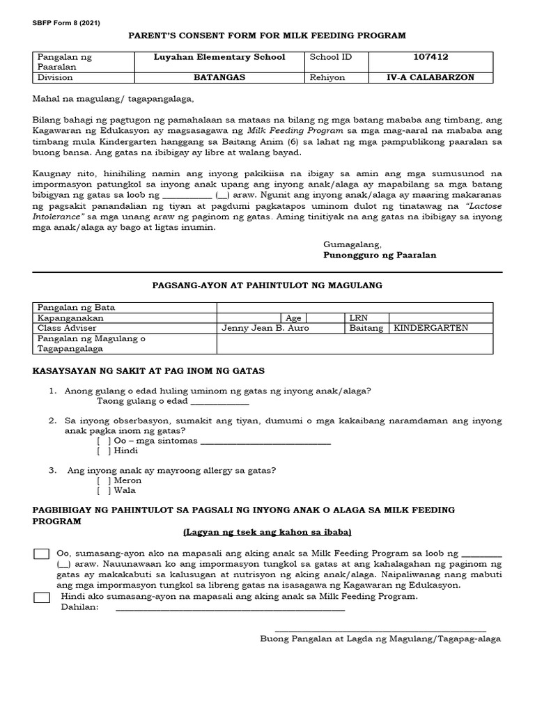 SBFP Form 9 Parents Consent Form For Milk Feeding Program | PDF
