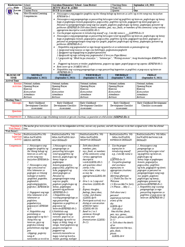 Kindergarten DLL Q1 Week 2 Eccd Assessment | PDF