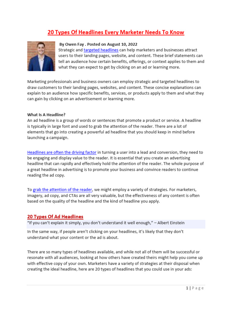 20 Types of Headlines Every Marketer Needs To Know | PDF