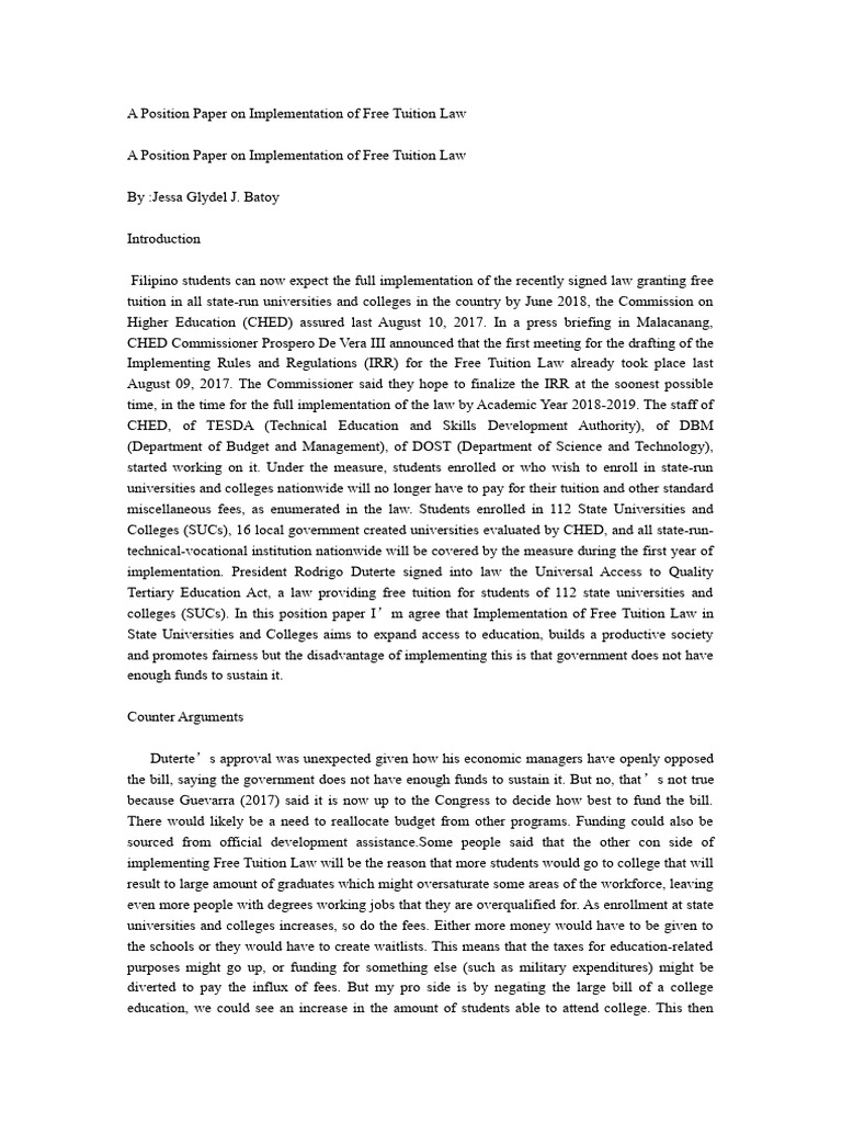 Sample Position Paper in Free Tuition Fee | PDF
