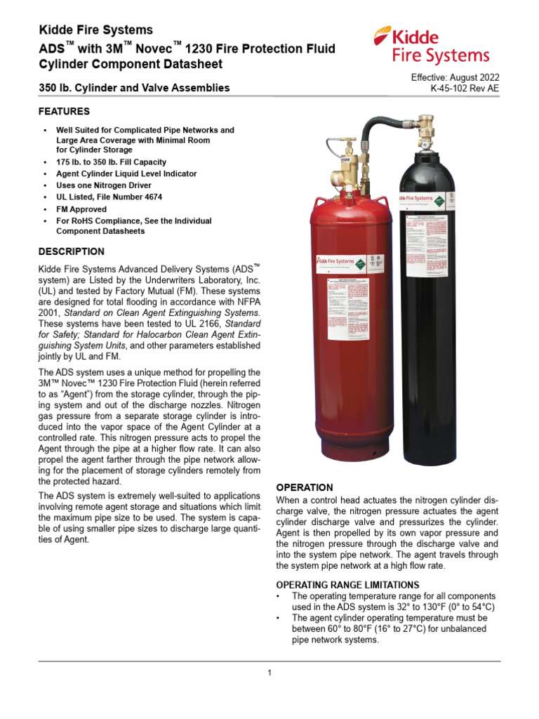 Kidde ADS 3M Novec 1230 350 LB Cylinder and Valve Assemblies K-45-102 | PDF