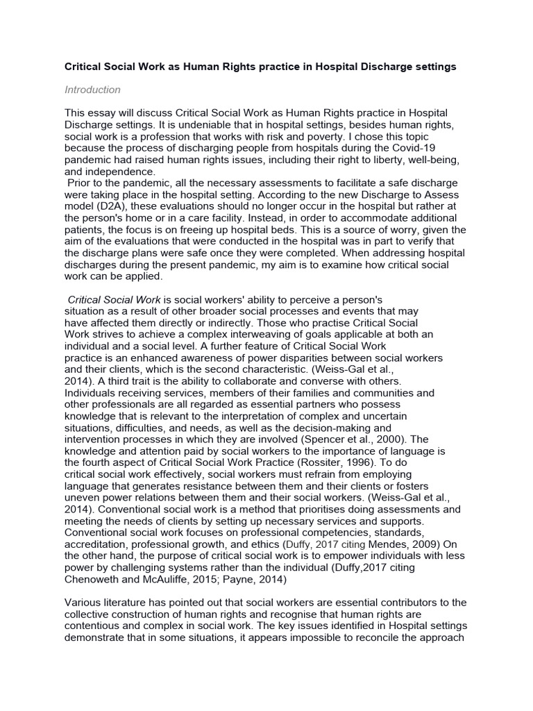 Critical Social Work As Human Rights Practice in Hospital Discharge ...
