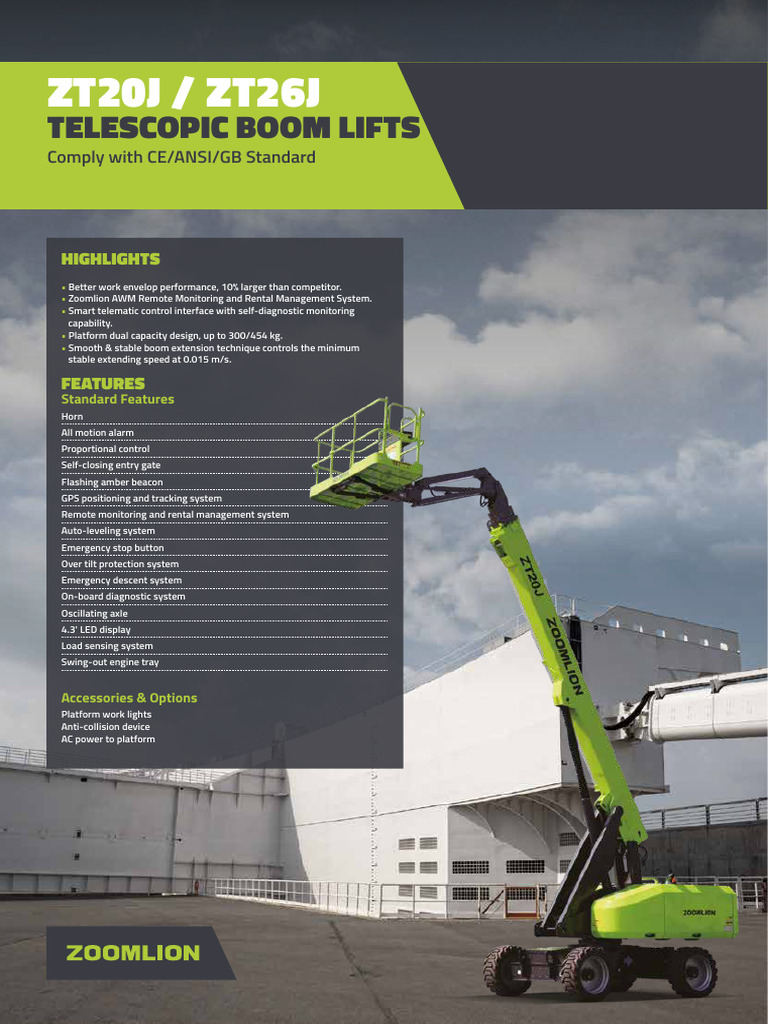 Data Sheet Zoomlion Awp Telescopic Boom Lifts ZT20J ZT26J ENG | PDF