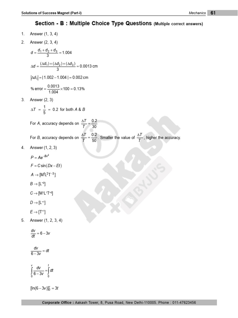Section - B: Multiple Choice Type Questions: 1. Answer (1, 3, 4) 2. Answer (2, 3, 4) | PDF ...