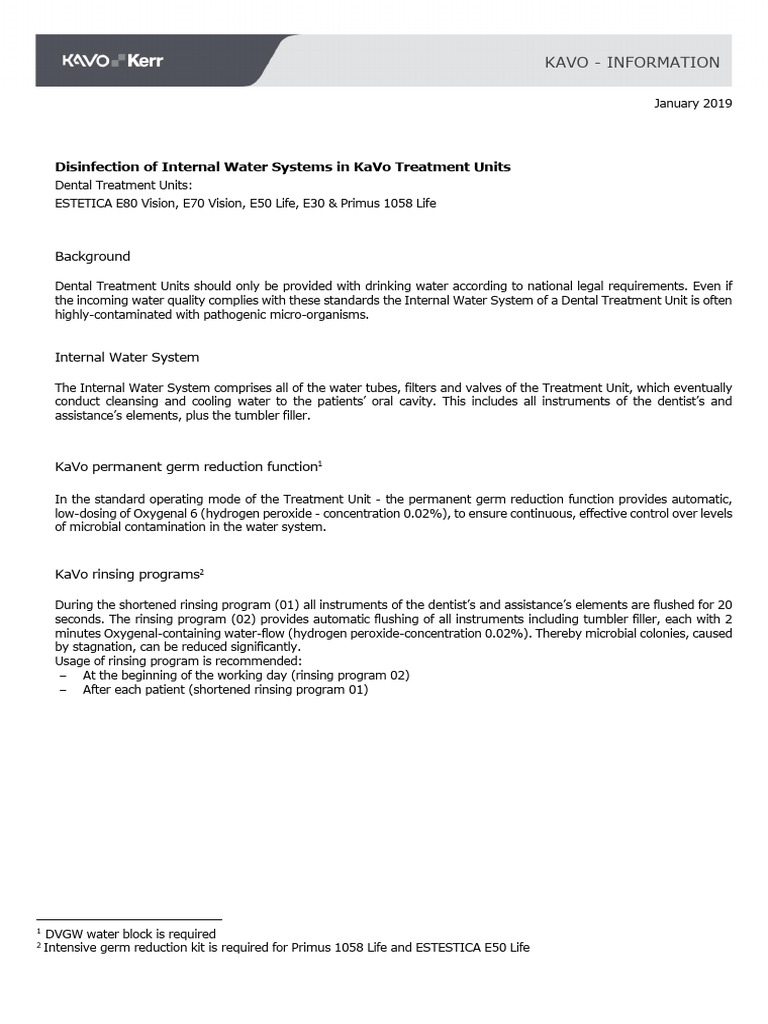 Disinfection of Internal Water Systems in Kavo Treatment Units | PDF