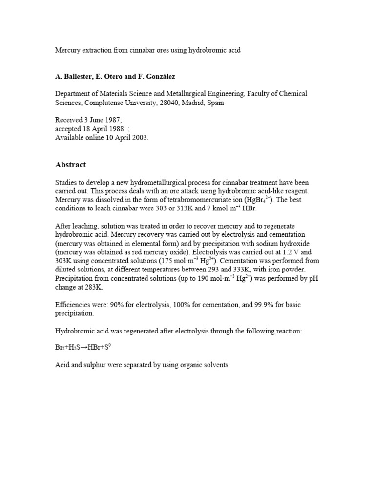 Mercury Extraction From Cinnabar Ores Using Hydrobromic Acid | PDF