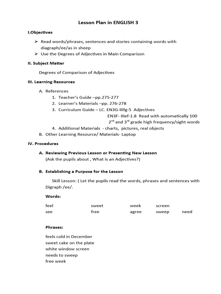 Lesson Plan in ENGLISH 3 Demo | PDF | Lesson Plan | Adjective