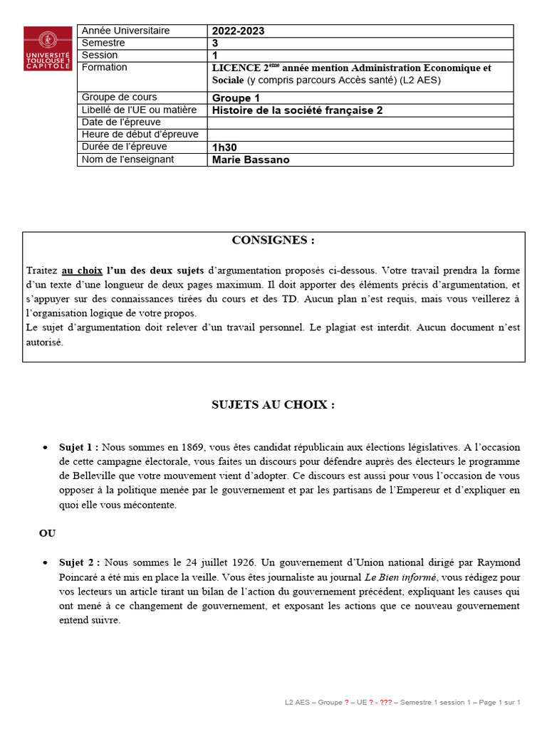 l2 Aes - Modele - Page de Garde Sujet Examen | PDF