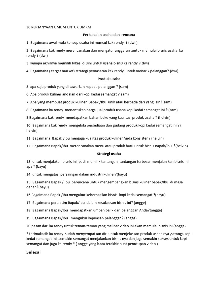 30 Pertanyaan Umum Untuk Umkm Kuliner | PDF