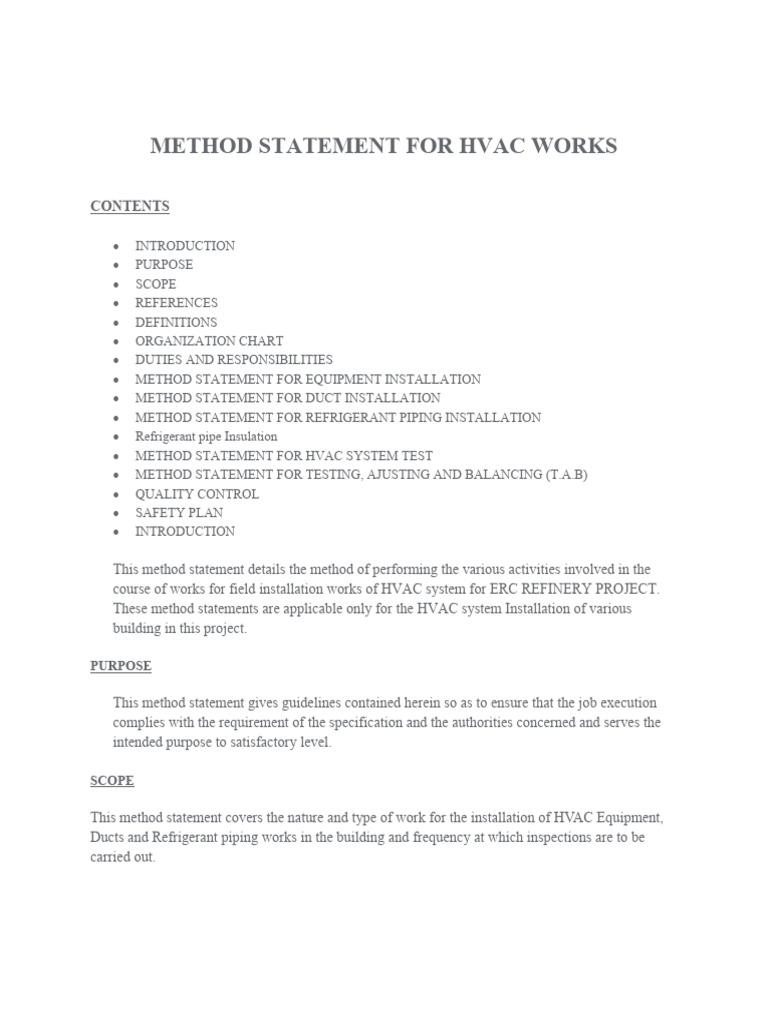 Method Statement For Hvac Works | PDF