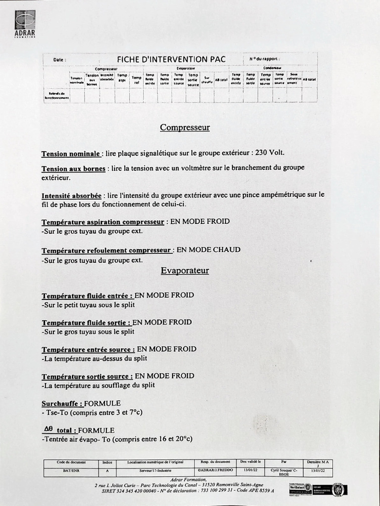 fiche d'intervention pas clim | PDF