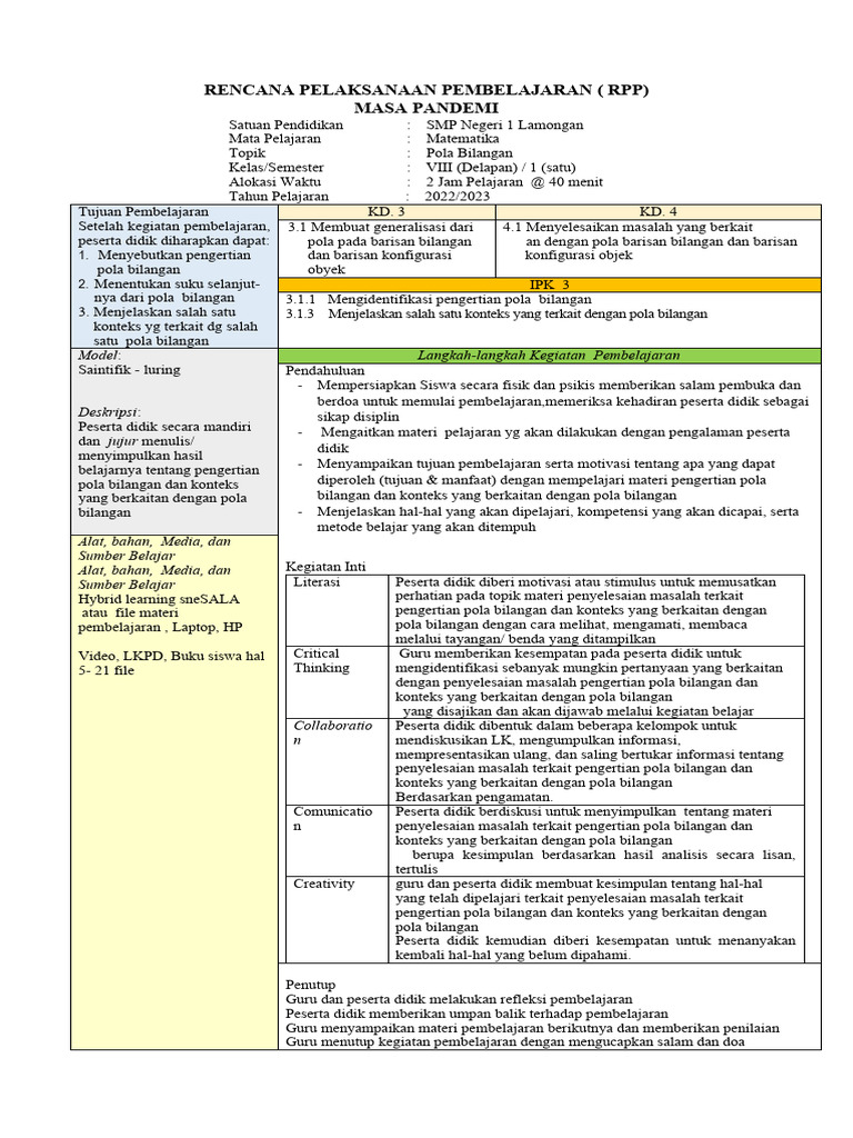 Rpp Pola Bilangan 01 | PDF