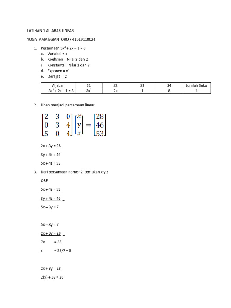Latihan 1 Aljabar Linear | PDF