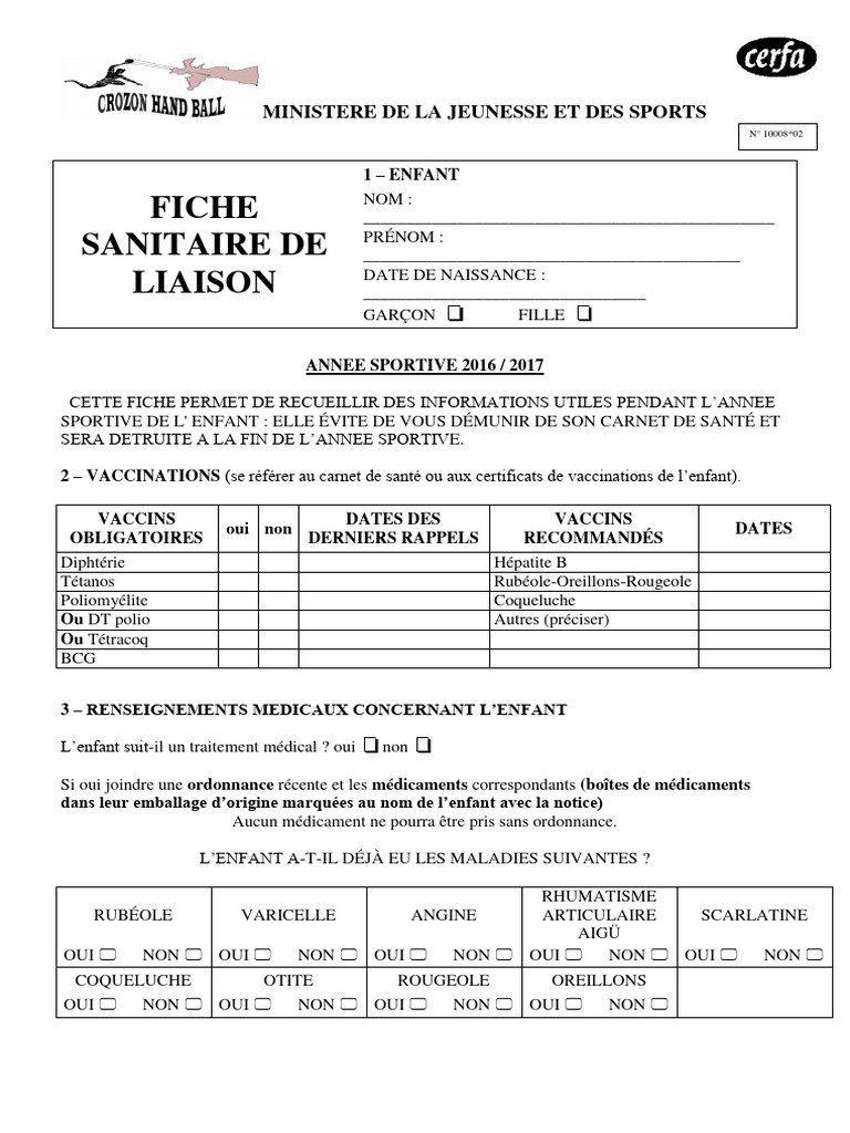 Fiche de Liaison Sanitaire | PDF