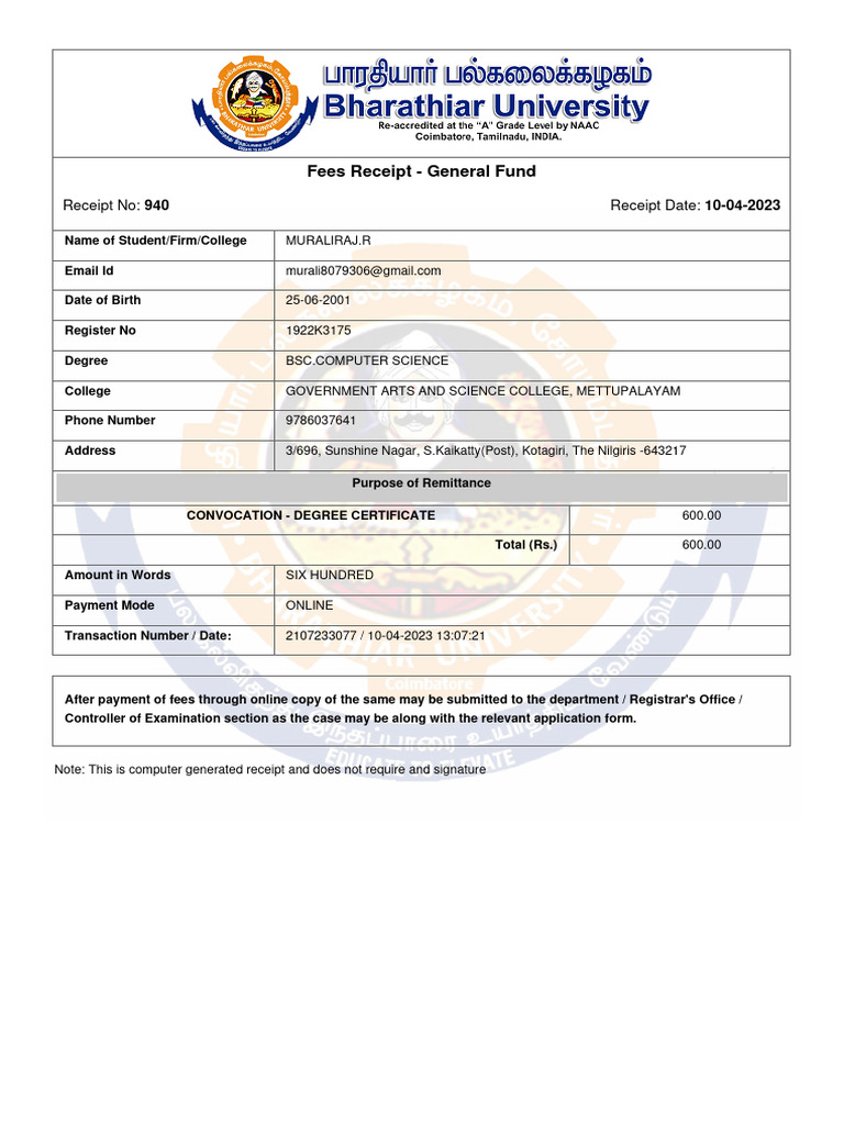 Degree Certificate Fee Receipt | PDF