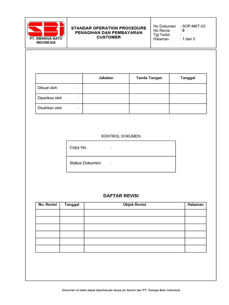 SBI-SOP-MKT-03 Penagihan Dan Pembayaran Customer | PDF
