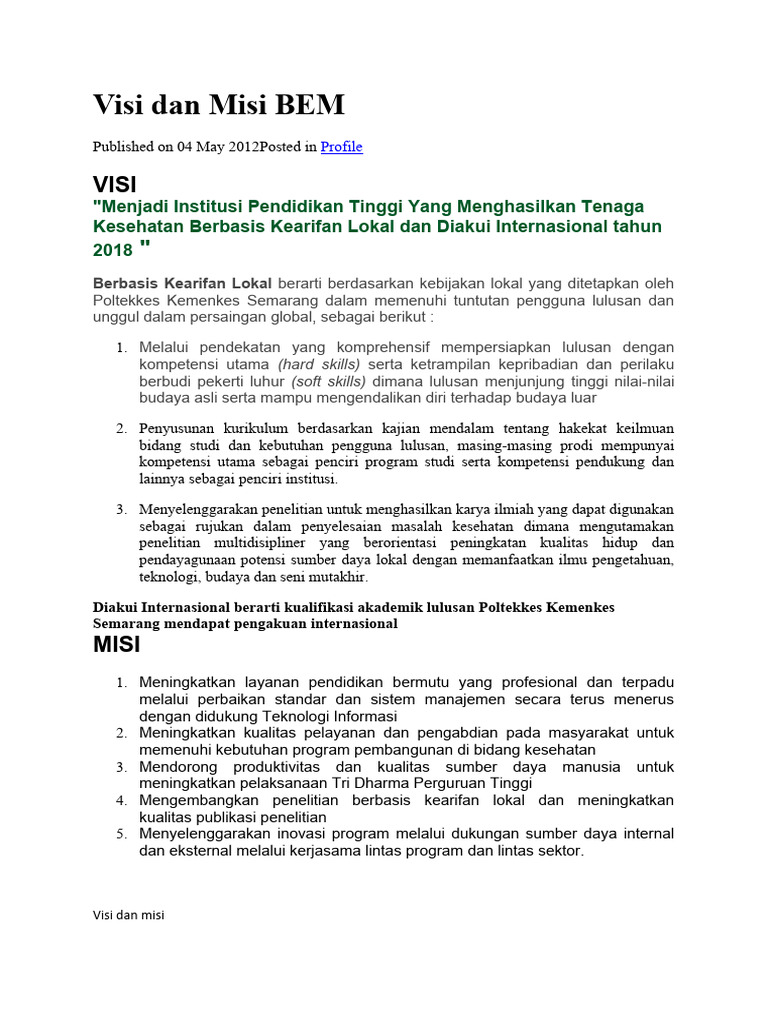 Visi Dan Misi BEM | PDF
