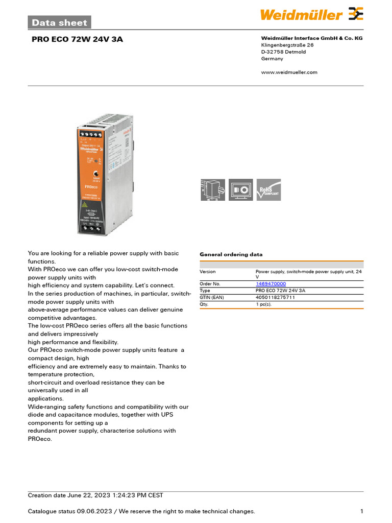 Data Sheet: Pro Eco 72W 24V 3A | PDF