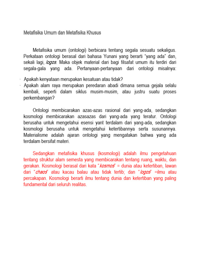 Metafisika: Ontologi dan Kosmologi | PDF
